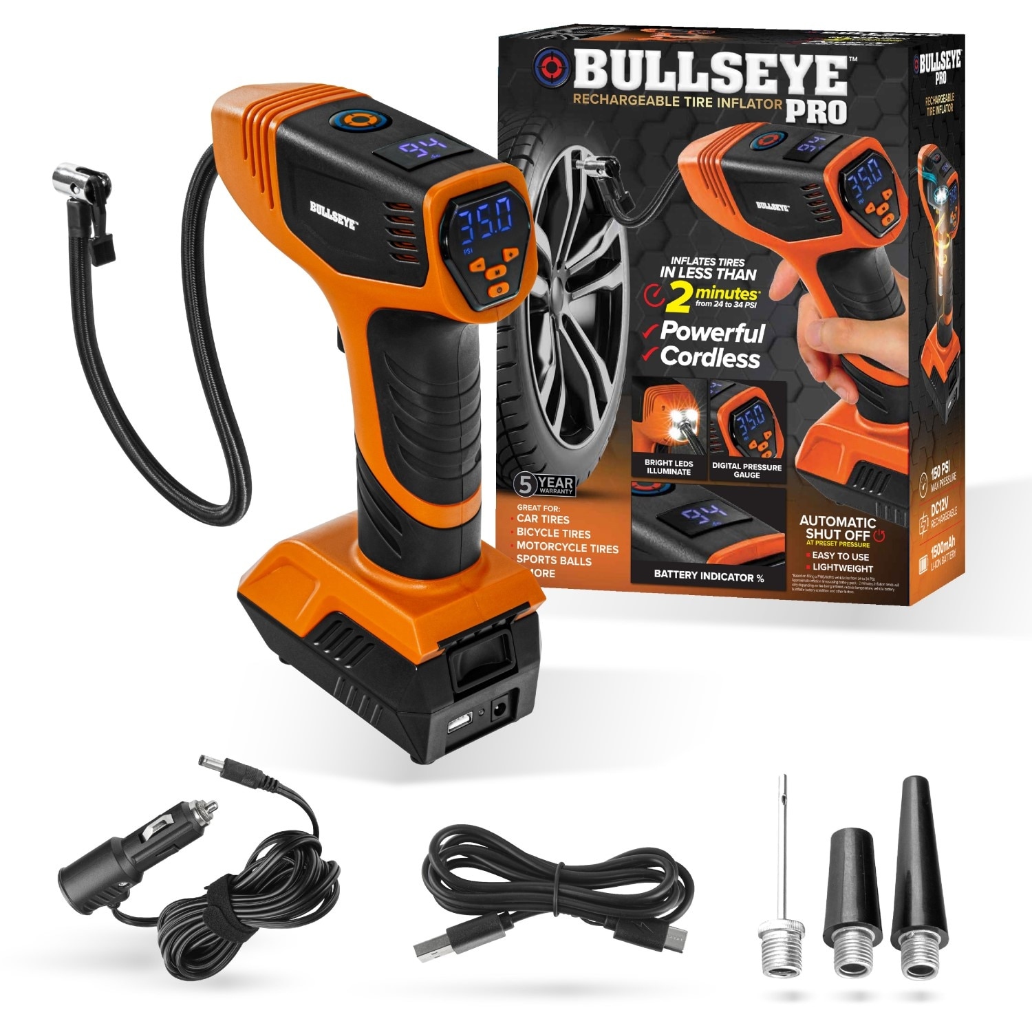 BULLSEYE Pro 150 PSI Cordless Handheld Rechargeable Tire Inflator with Digital Pressure Gauge and Battery Indicator Bed Bath Beyond 40184083