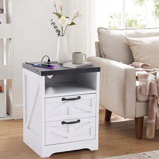 USB Charging Station Nightstand, 2-Drawer Farmhouse Bedside Table for ...