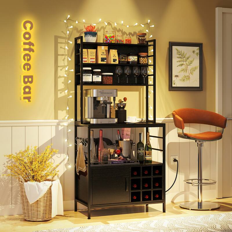 Gymax 67'' Bakers Rack w/ Power Outlet Coffee Bar Cabinet w/ S-Shaped ...