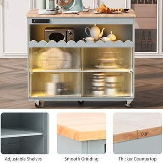 Kitchen Island w/ Power Outlets & LED Light, Grey+Blue Toaster Cabinet ...