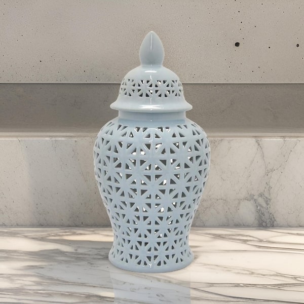 Deni 26 Inch Temple Jar Ceramic Blue White Floral Cut Out Design with ...