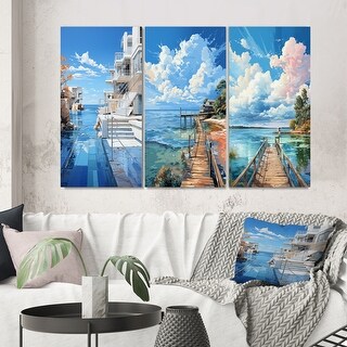 Designart "Pier Coastal Geometry" Nautical & Beach Wall Art Set Of 3 ...