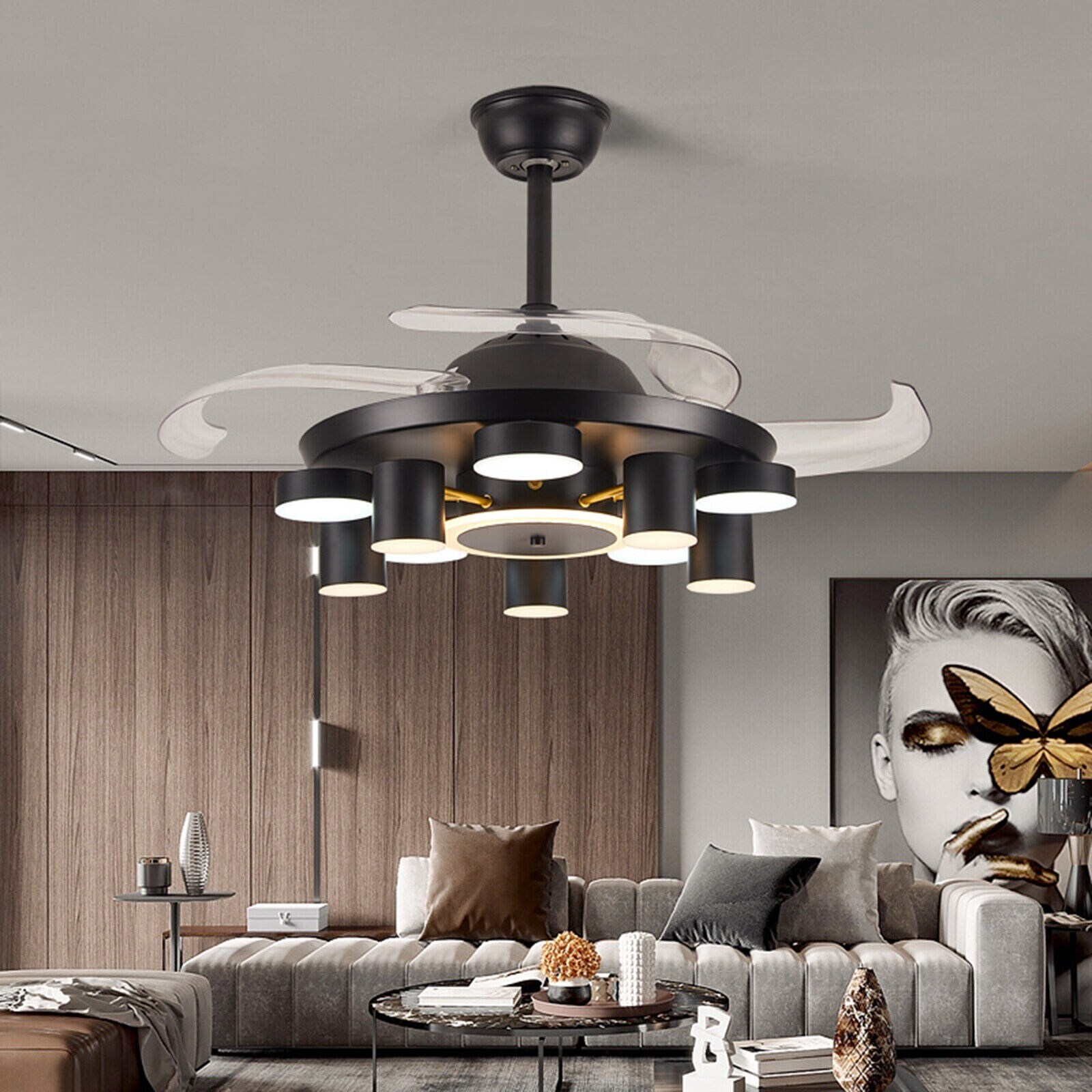 27-in Matte Black Modern Caged Downrod Mount Fandelier Ceiling Fan with ...