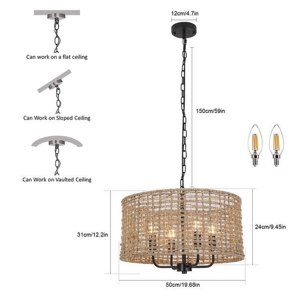 4-Light Bohemian Pendant Rattan Island Chandeliers for Dining Room ...