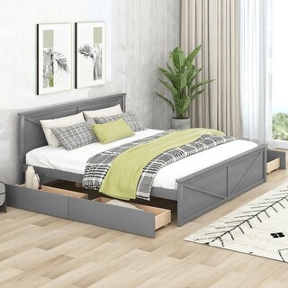 Gray King Size Wooden Platform Bed with 4 Storage Drawers and Support ...