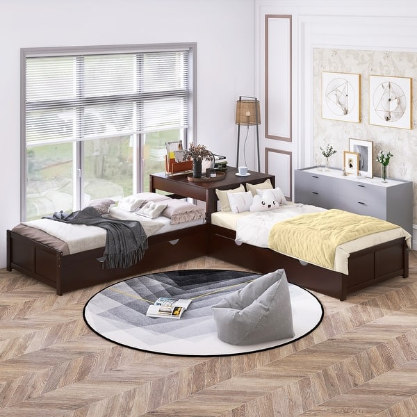 4 in 1 L-shaped Corner Bed Twin Panel Bed Floor Storage Platform Bed ...