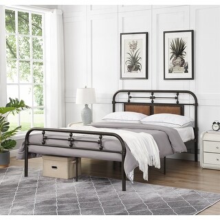 Metal Bed Frame with Headboard Soft Padding No Spring Box Black - Bed ...