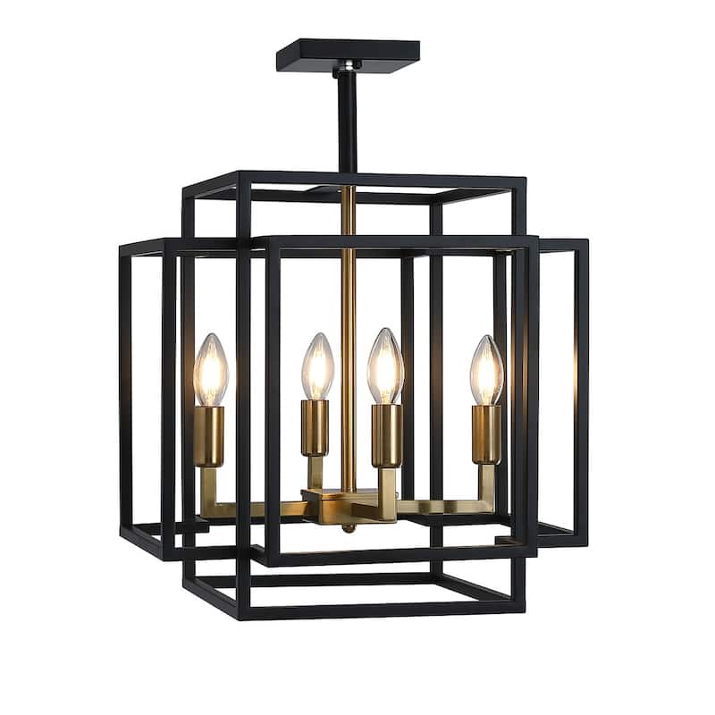 Industrial Black 4-Light Rectangle Iron Frame Semi Flush Mount Lamp ...