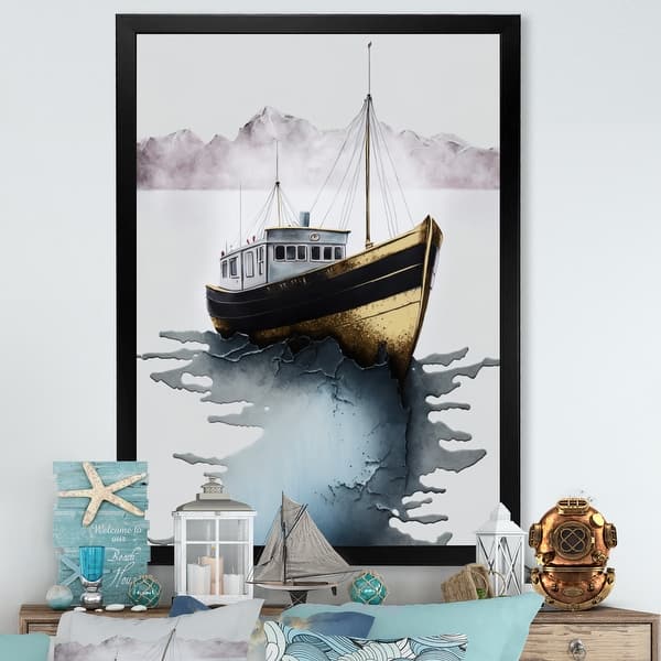 Designart "Gold Modern Fishing Boat Iii" Coastal Boat Framed Wall Art ...