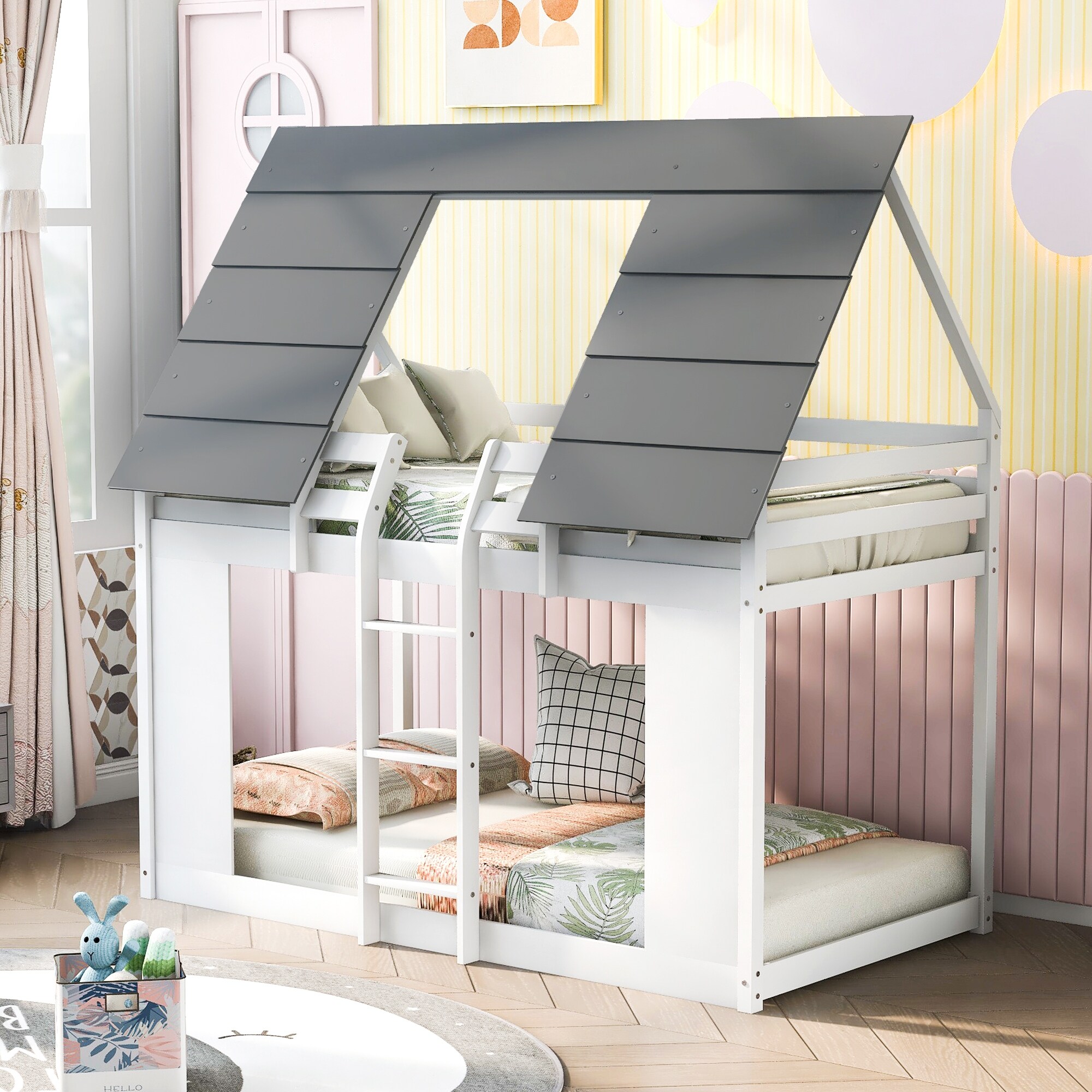 Twin Size Wood House Bunk Bed with Roof and Built in Ladder White