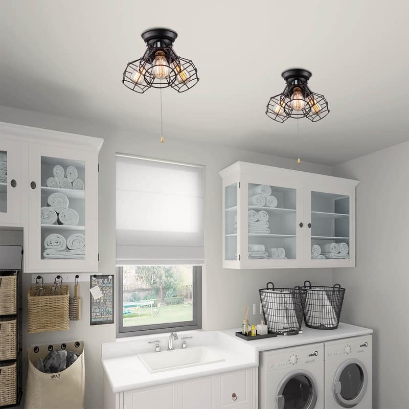 Industrial 3-Light Semi Flush Mount Metal Wire Cage Ceiling Light - L7 ...