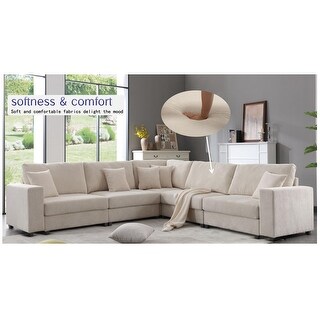 Beige L-shape Corduroy Upholstered Deep Seat Sectional Sofa w/ Pillows ...