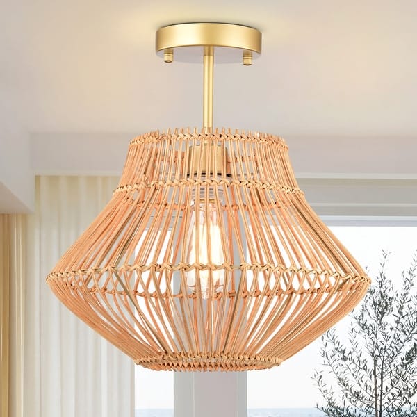 Bohemian Woven Rattan Semi-Flush Mount Ceiling Light for Dining Room ...