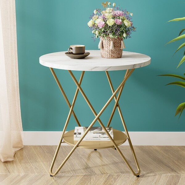 2 Tier Round Side Table Beside Table Faux Marble End Table Metal Accent Table 19.68 x 19.68 x 25.2 inches Bed Bath Beyond 36240119