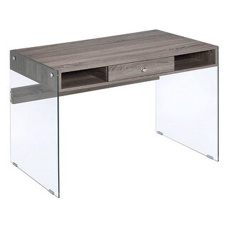 42 Inch Simple Modern Office Desk, 1 Drawer, 2 Spaces, Glass, Gray Oak ...