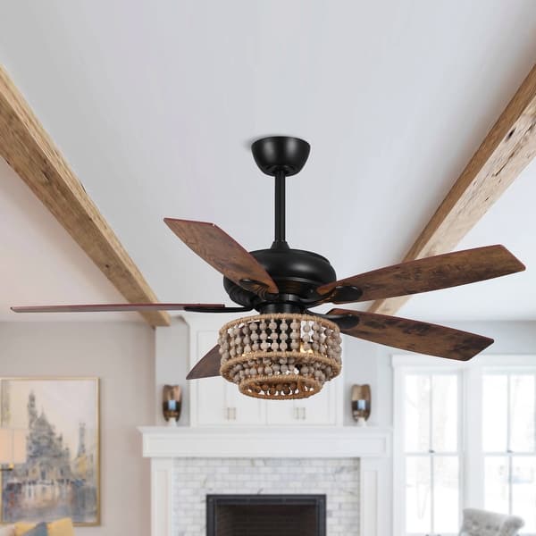 52" Farmhouse Driftwood Jute Wooden Beads Ceiling Fan with Remote - On ...