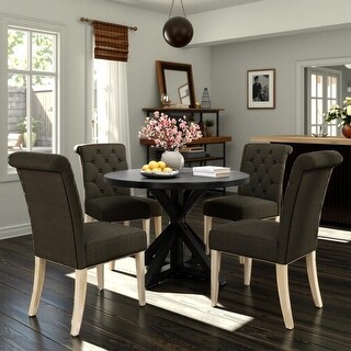 Elegant Cross-Buck Round Table with 4 Tufted Chairs, Charcoal - Bed ...