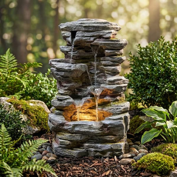 Outdoor Four-Tier Rock Fountain with LED Lighting and Natural Rock ...