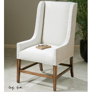 43" Natural White Linen and Tan Burlap Sun-Washed Pine Wing Chair - Bed ...