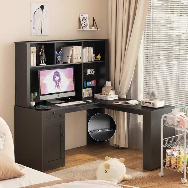 Modern Corner L Shaped Desk with Bookshelf Hutch Outlet Drawers Study Table Writing Desk with Storage Black