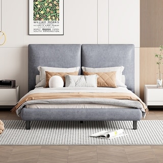 Thick Fabric Upholstered Bed Queen Frame with Wingback Large Square ...