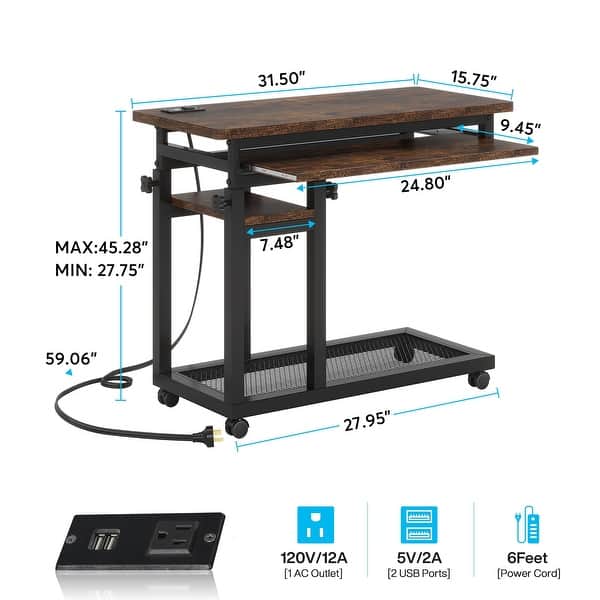 Height Adjustable Small Portable Desk, C Side Table with Outlet and USB ...