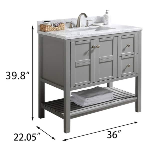 BATHLET Grey 36 inches Bathroom Vanity with Marble Top and Open Shelf ...