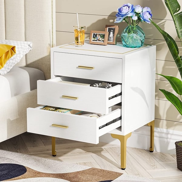 White Gold 3 Drawers Nightstand with Gold Square Side Top Tall Legs ...