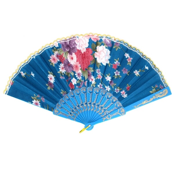 Chinese Style Plastic Ribs Fabric Flower Print Folding Hand Fan Blue ...