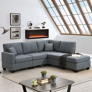 Grey L Shaped Couch Sectional Sofa with Convertible Ottoman & Pillows ...