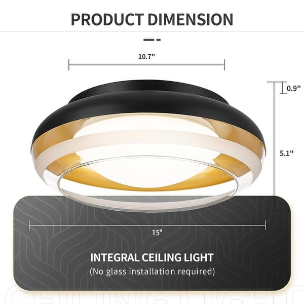 15 Inch 18W LED Dimmable Ceiling Lighting, Black and Gold Finish - Bed ...