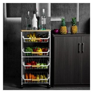 5-tier Rolling Spice Rack, Metal Kitchen Carts W/ Wood Handle & Basket ...