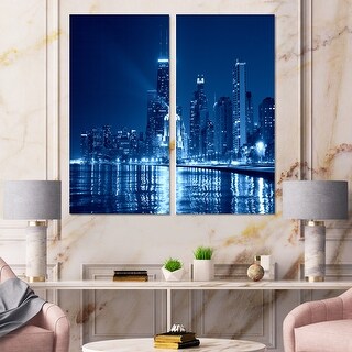 Designart "Blue Chicago Skyline Night" Cityscape Canvas Wall Art Print ...