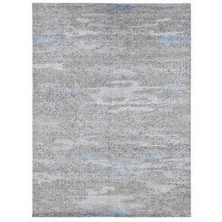 Shahbanu Rugs Cadet Gray Wool with Real Silk Broken and Erased ...