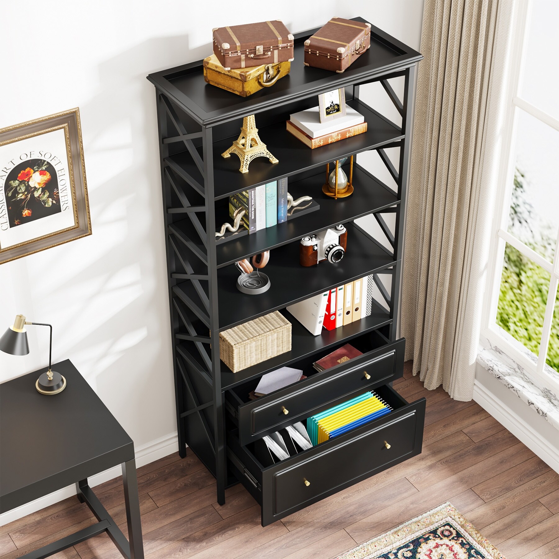 Tall Narrow Bookshelf with 2 Drawers 5 Tier Bookcase Book Shelf Organizer with Open Storage Shelves for Living Room Bedroom Black