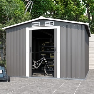 10x8 FT Outdoor Galvanized Steel Frame Storage Shed with Lockable Door ...