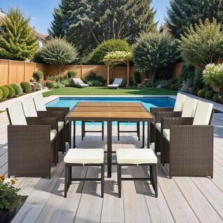 11-Piece Patio Rattan Conversation Sets with Dining Table, Outdoor Arm ...