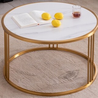 Round Coffee Table Sintered Stone Snack Tables Side Tables with Golden ...