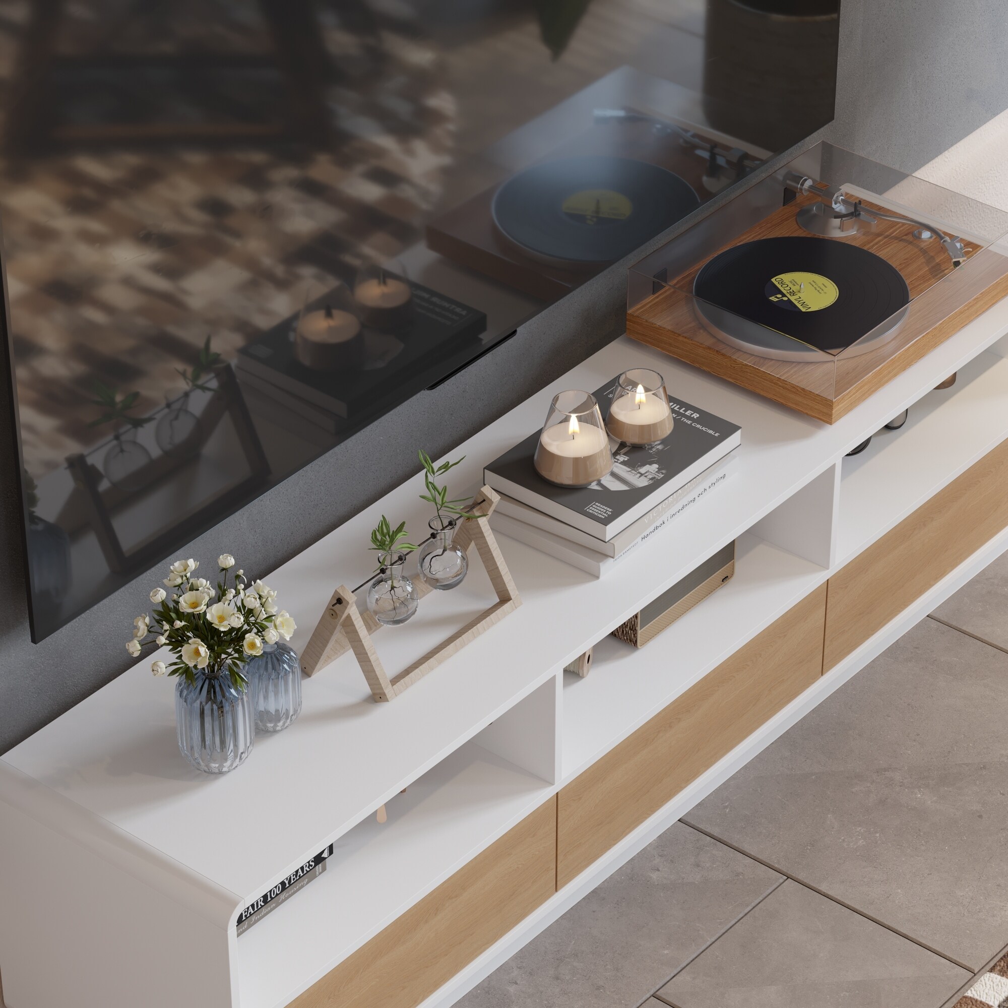 Sleek Wood Grain White TV Console: Modern Elegance with Smart Storage ...