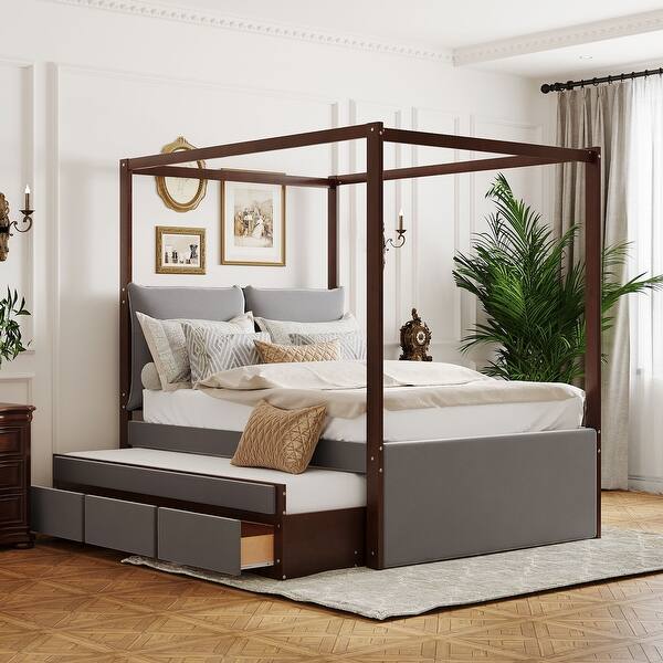 Gray Creative Full Size Upholstered Canopy Bed w/ 3 Drawers and Rolling ...