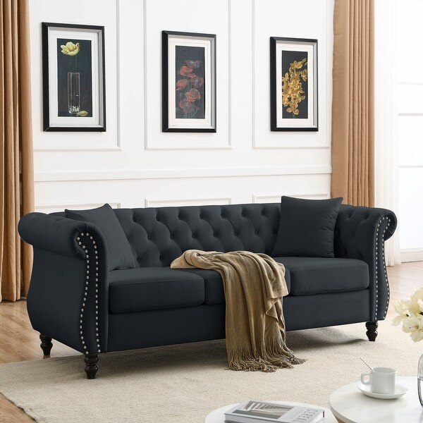Button Tufted Low Back Sofa w Pillows Deep Seat Black Velvet Sofa w Nailheads Arm Removable Cushions Straight Row Couch 3 Seater