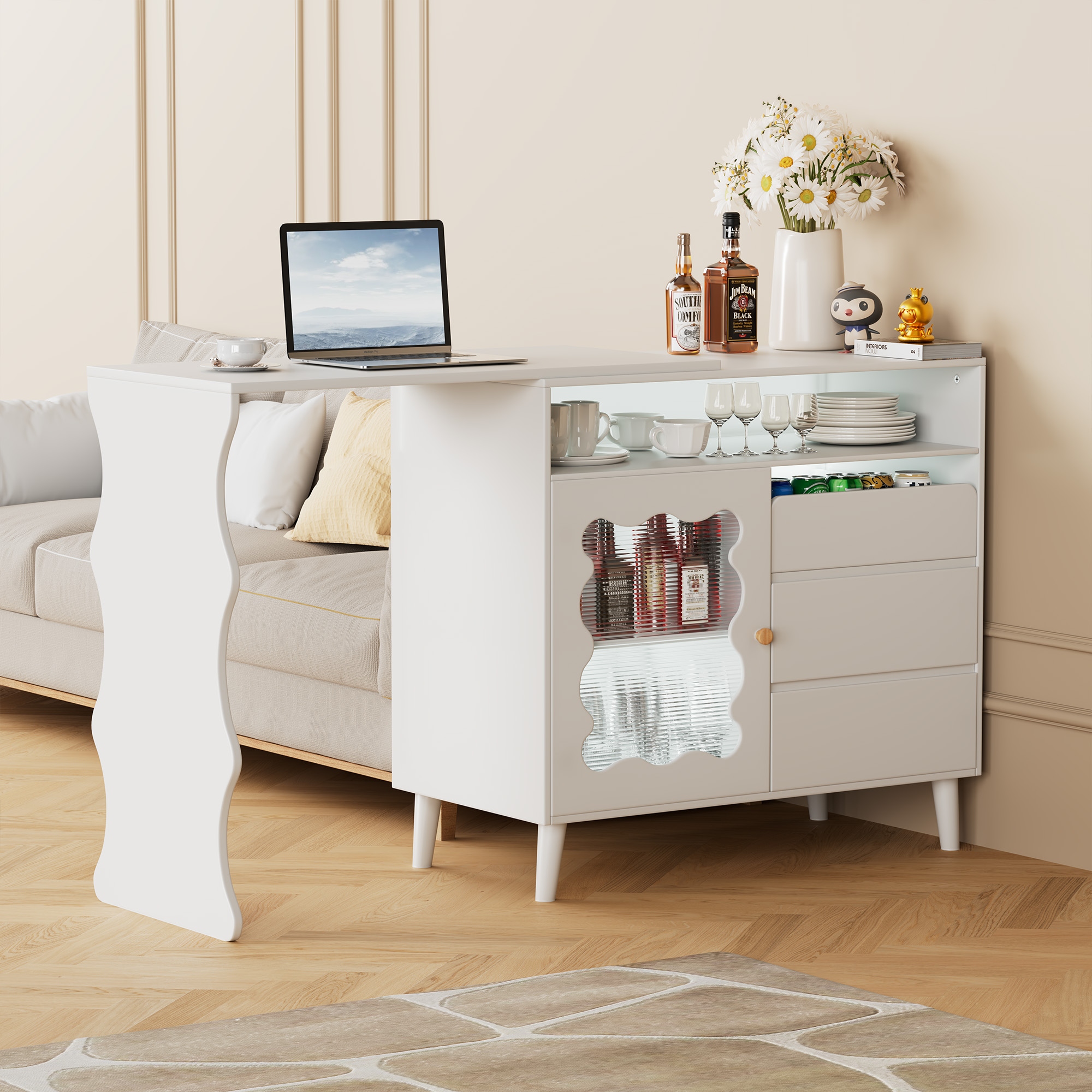41 79 Cloud Wave Extendable Sofa Bar Table Cabinet Behind Couch Pub Table with LED White