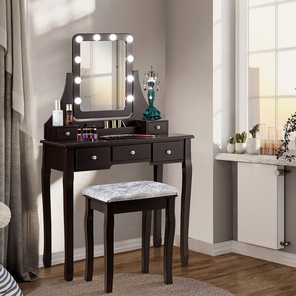 Costway Vanity Dressing Table Set w/ 10 Dimmable Bulbs Touch Switch ...