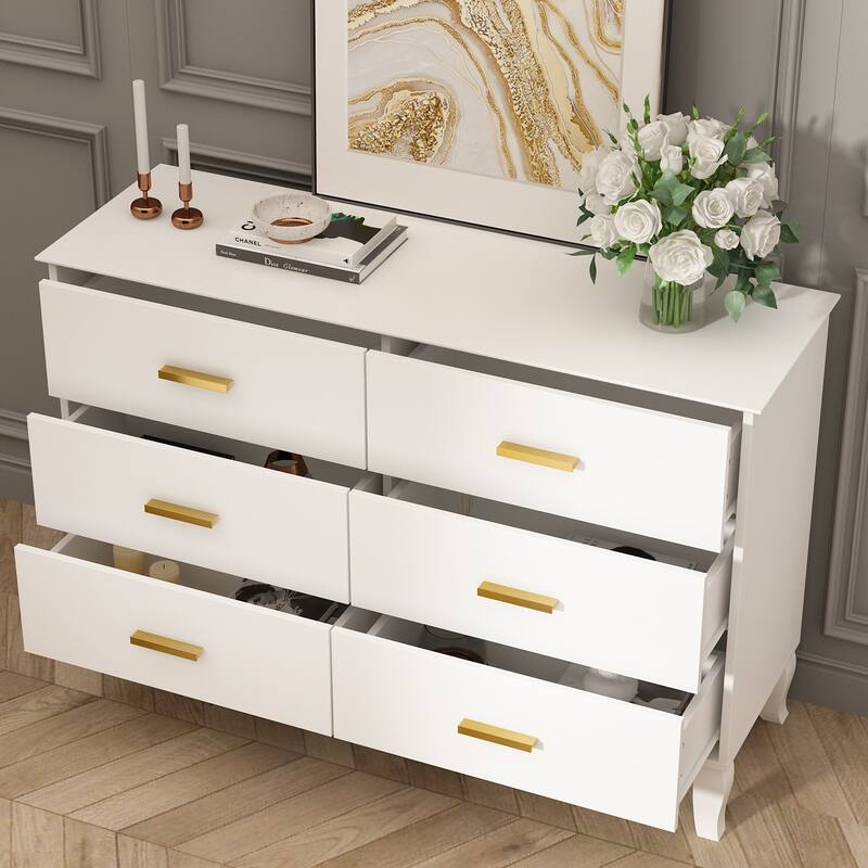 Timechee 6 Drawer 47.2''W Double Dresser Solid Wood Legs Lacquer Chest ...