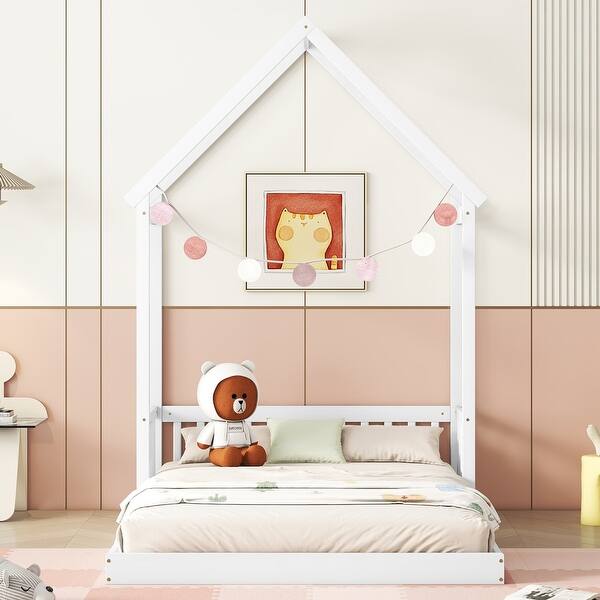 Full Size Floor Bed With House-shaped Roof Headboard Without Slats ...