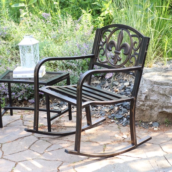 Sunnydaze Patio Rocking Chair - Cast Iron and Steel with Fleur-de-Lis ...