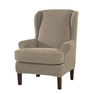 Stretch 1-Piece Textured Grid Wing Chair Slipcover, Camel - Bed Bath ...