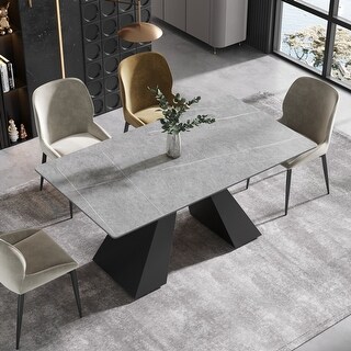 63''Modern Grey Dining Table with Rectangular Sintered Stone Tabletop ...