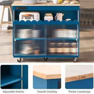 Navy Blue Kitchen Island w/ Power Outlets & LED Light, Toaster Cabinet ...
