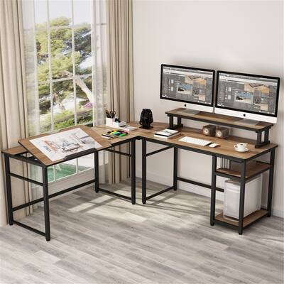 L-Shaped Desk with Monitor Stand Riser, Tiltable Drafting Table ...
